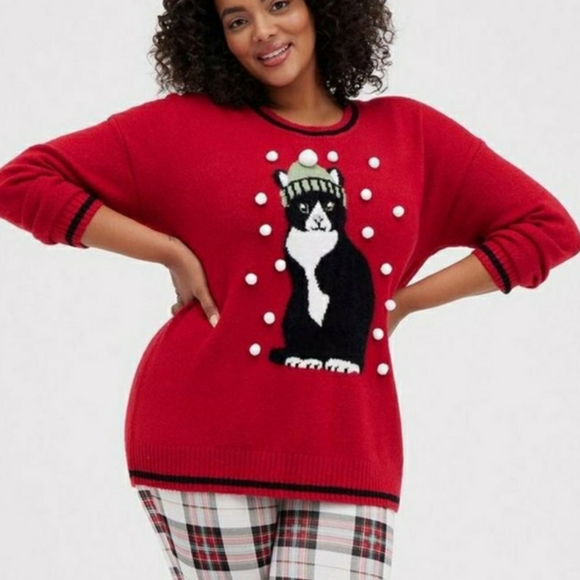 torrid | Sweaters | Torrid Pullover Cat Crew Neck Red Sweater New ...